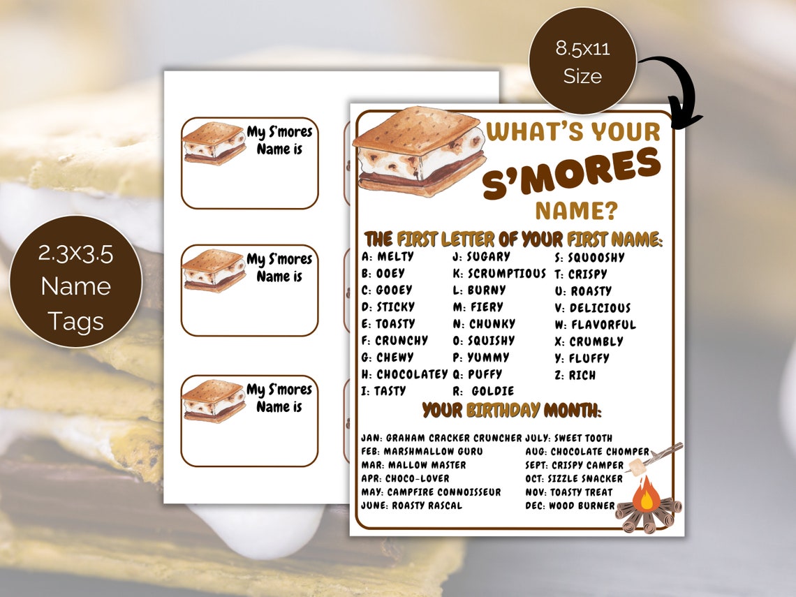 What's Your S'mores Name Game + Name Tags, S'mores Birthday Party ...