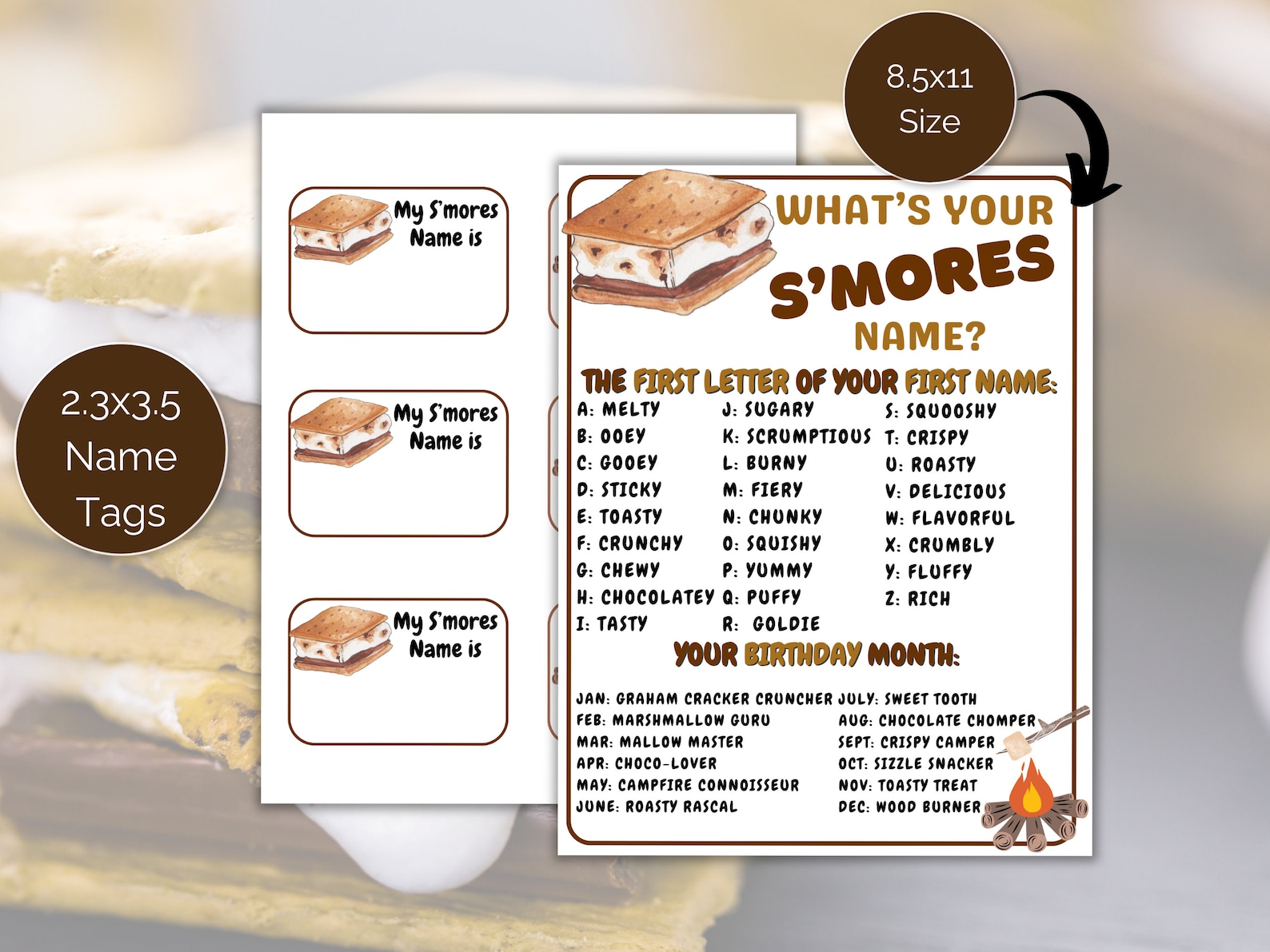 What's Your S'mores Name Game + Name Tags, S'mores Birthday Party ...