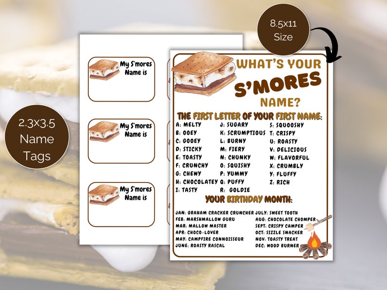 What's Your S'mores Name Game + Name Tags, S'mores Birthday Party ...