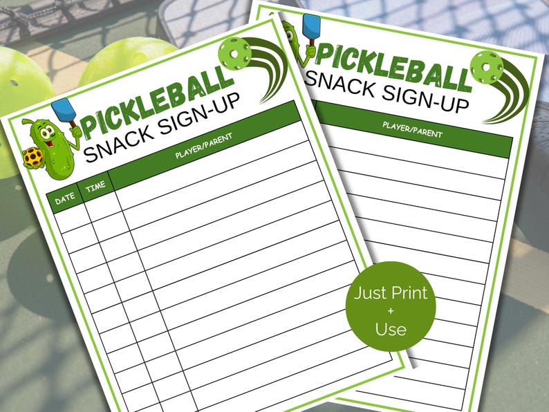 Pickleball Snack Sign up Sheet, Printable Pickleball Snack Schedule ...