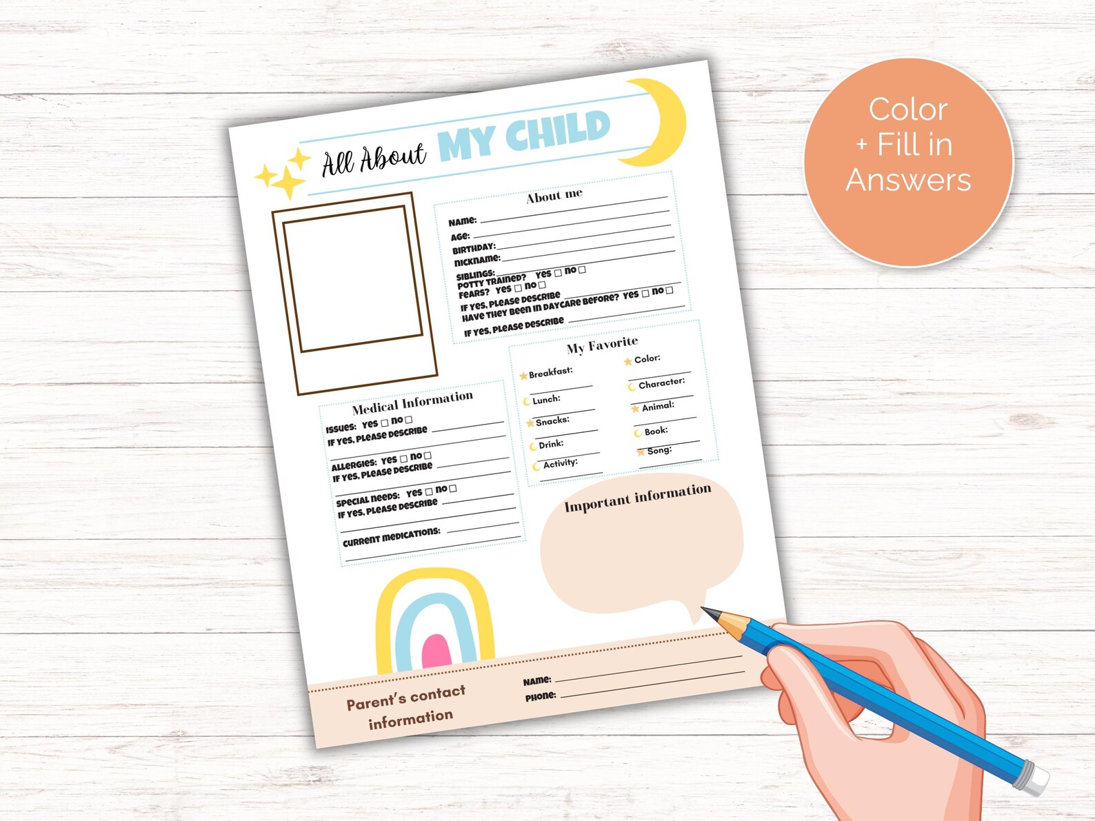Editable All About My Child Form, Student Information Sheet, Daycare ...