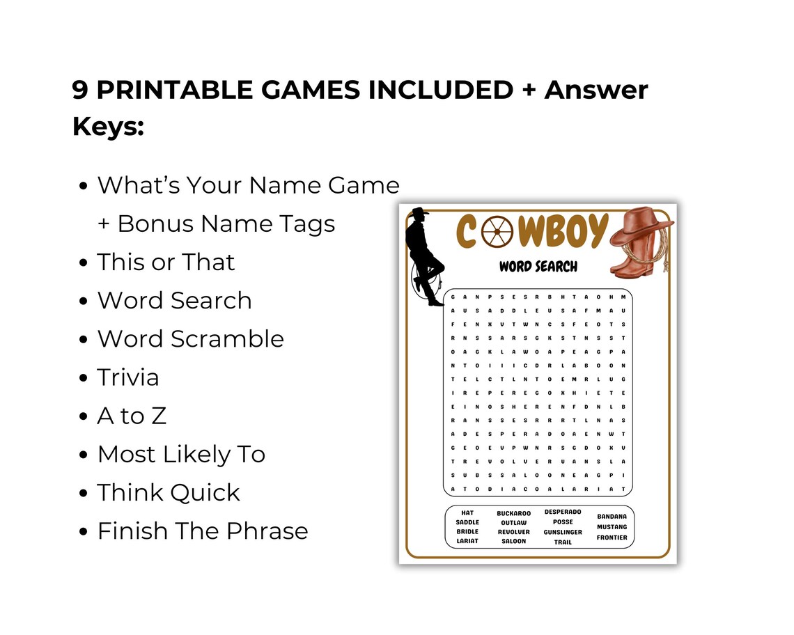 Cowboy Game Bundle, Printable Cowboy Games, Cowboy Party Games, Wild ...