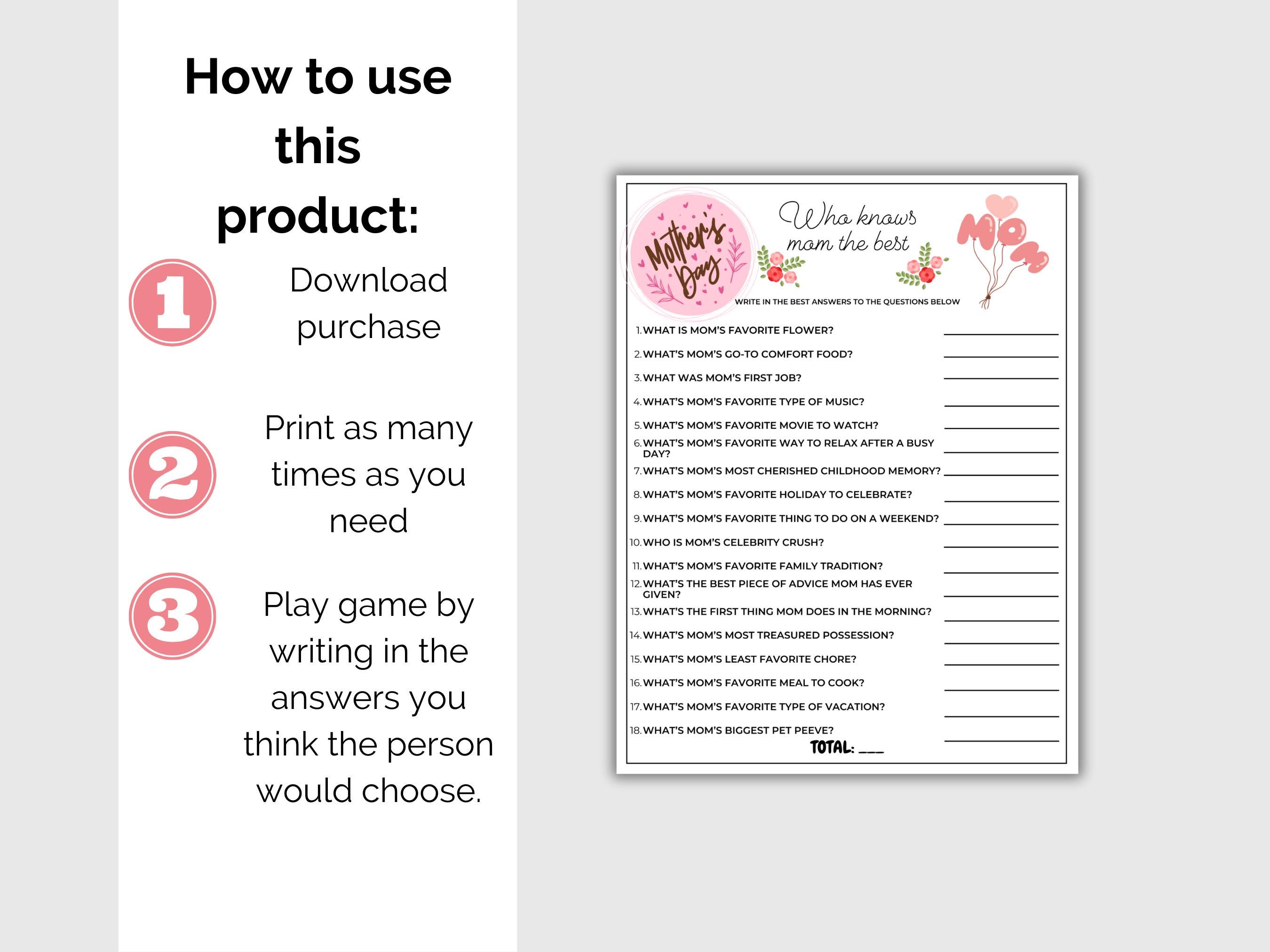 Who Knows Mom Best Game, Printable Mothers Day Game, How Well Do You ...