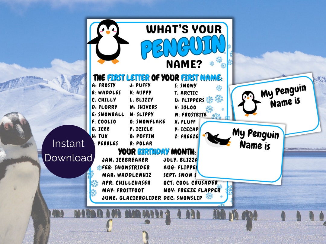 What's Your Penguin Name Game + Name Tags, Penguin Birthday Printable ...