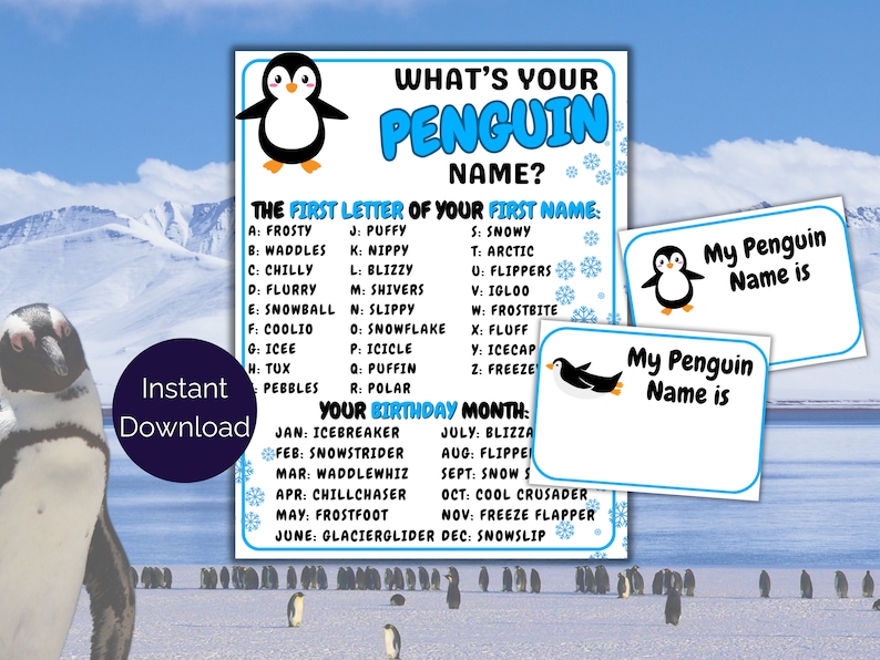 What's Your Penguin Name Game + Name Tags, Penguin Birthday Printable ...