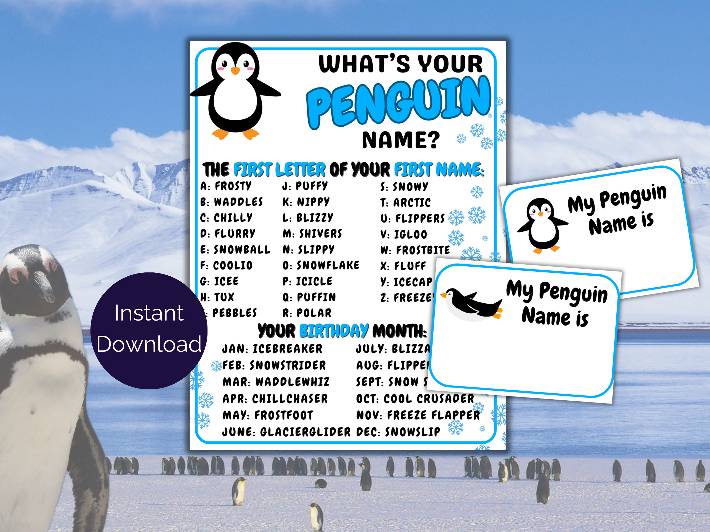 What's Your Penguin Name Game + Name Tags, Penguin Birthday Printable ...