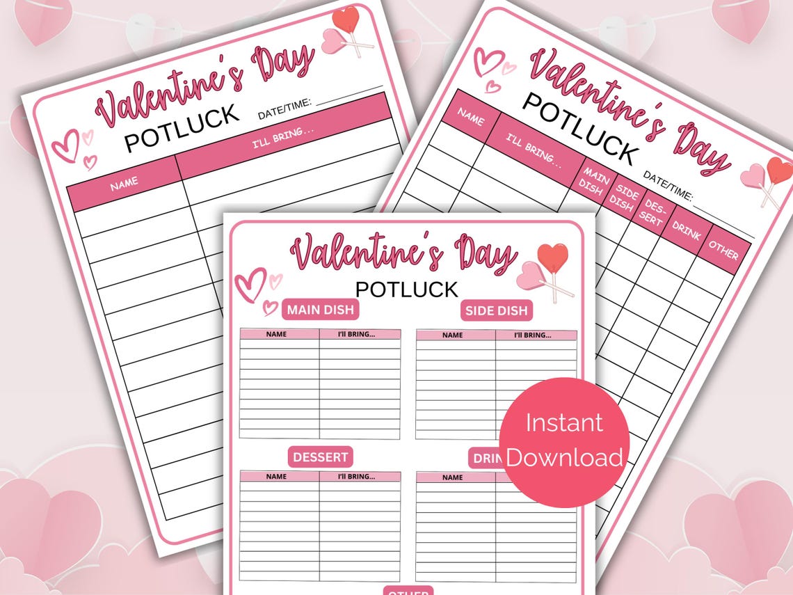 Valentines Day Potluck Sign up Sheet, Printable Valentines Day Party ...