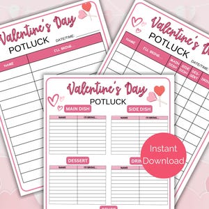 Valentines Day Potluck Sign up Sheet, Printable Valentines Day Party ...
