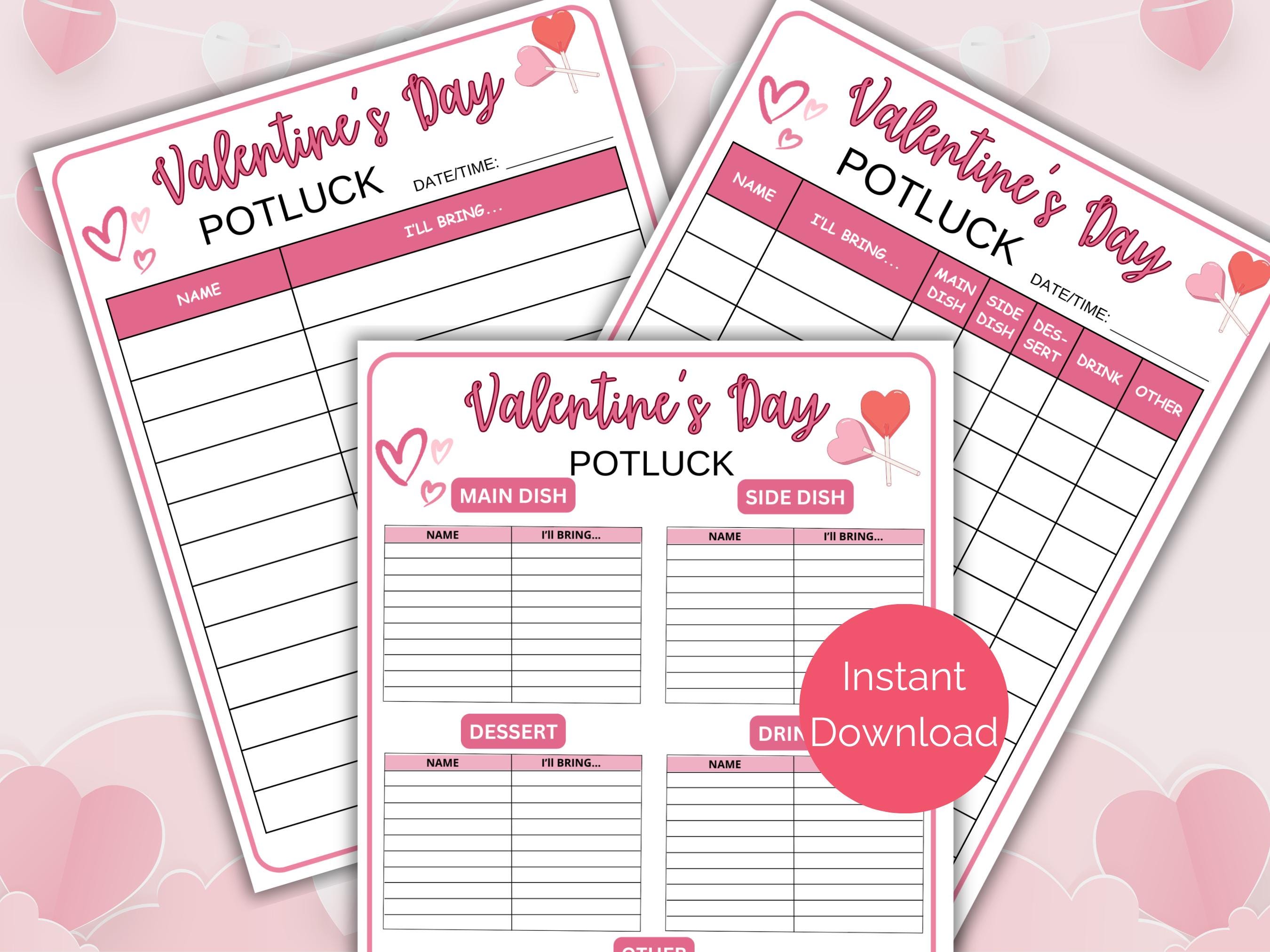 Valentines Day Potluck Sign up Sheet, Printable Valentines Day Party ...
