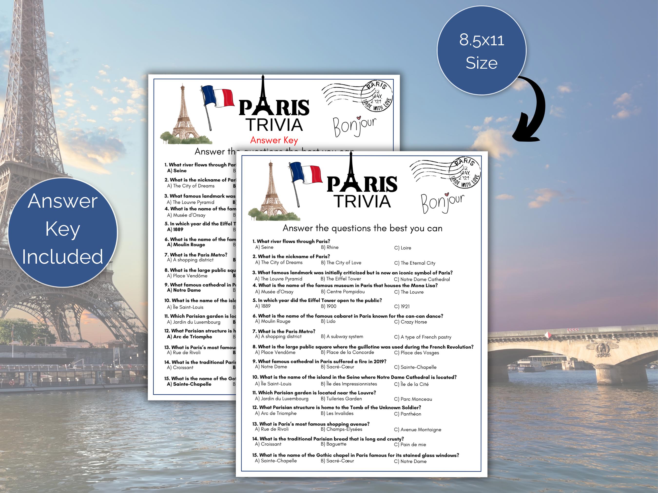 Paris Trivia Game, Paris Quiz, Printable Paris Game for Kids and Adults ...