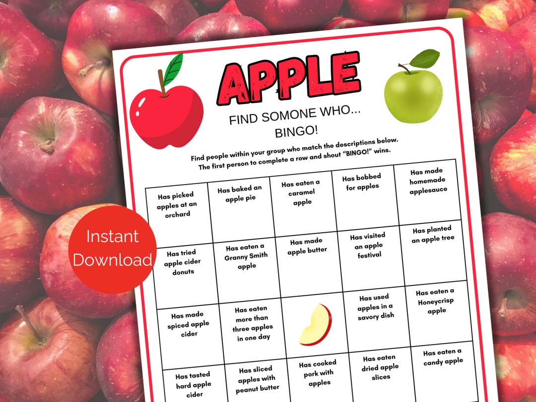 Apple Find Someone Who Game, Apple Party Mix and Mingle Bingo, Apple ...