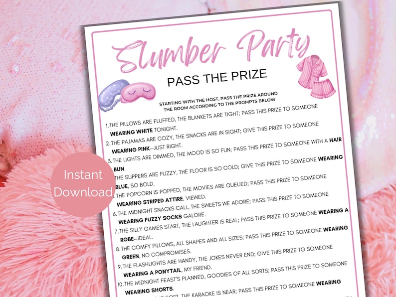 Slumber Party Pass the Prize, Printable Sleepover Pass the Parcel Game ...