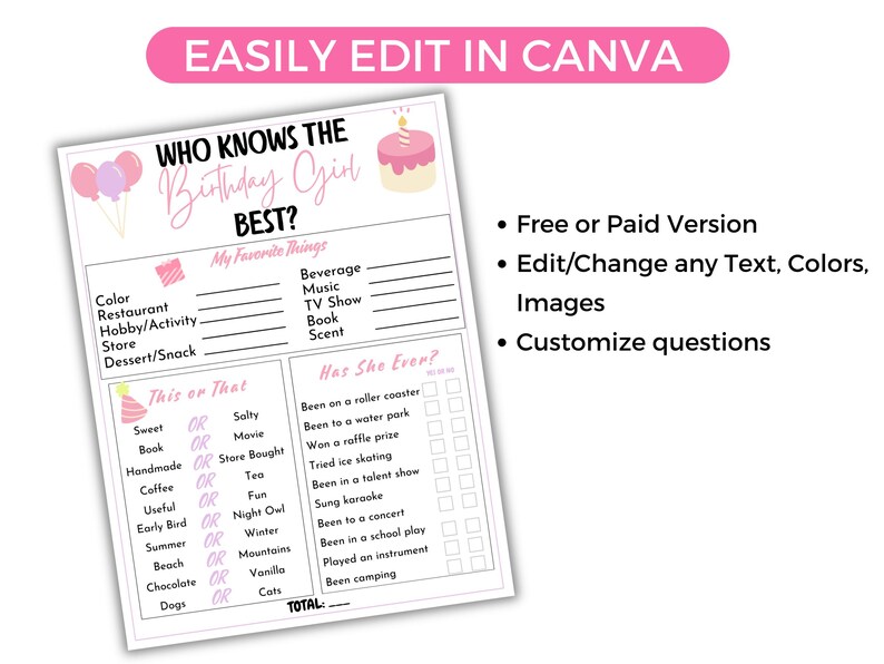 Who Knows the Birthday Girl Best Game, Editable + Printable Birthday ...