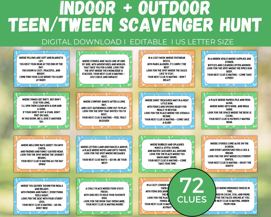 Indoor + Outdoor Scavenger Hunt, Printable Indoor Outdoor Teen ...