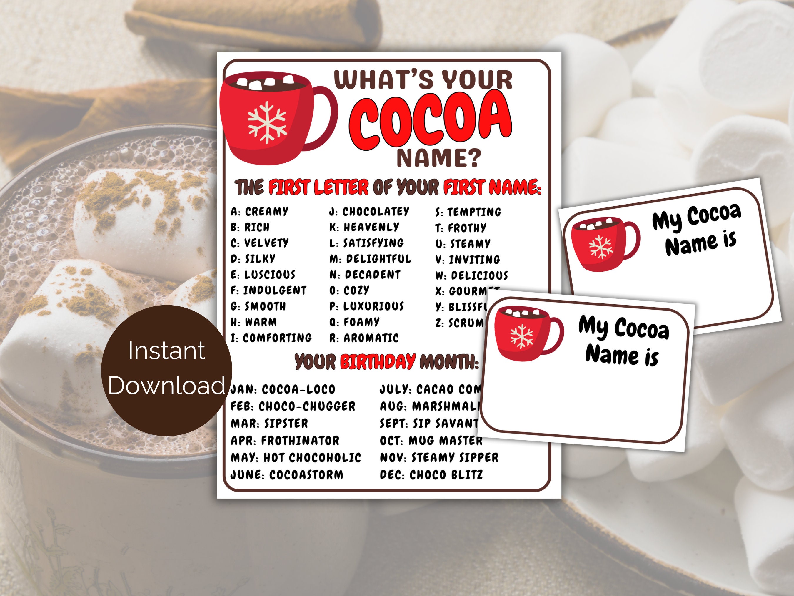 What's Your Cocoa Name Game + Name Tags, Hot Cocoa Bar, Hot Chocolate ...