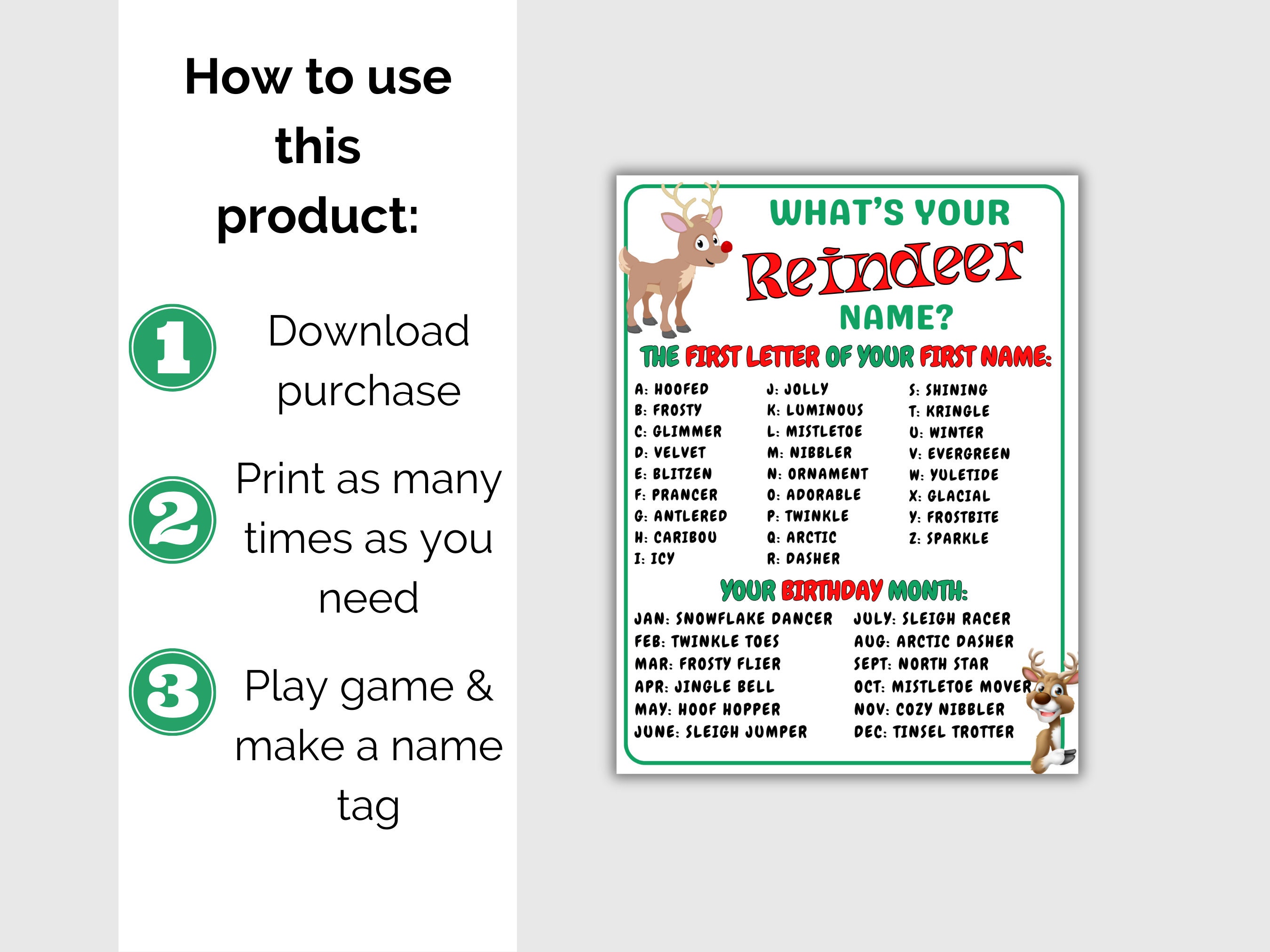 What's Your Reindeer Name Game + Name Tags, Christmas Party Game ...