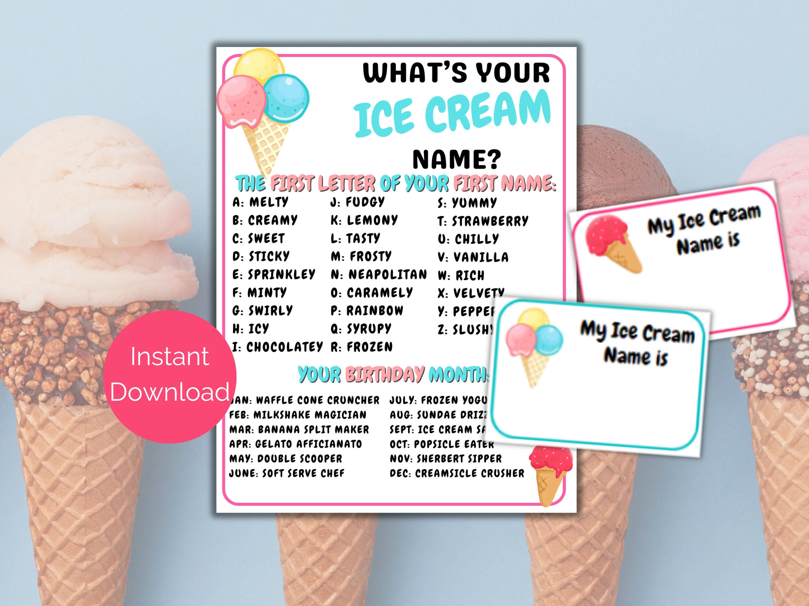 What's Your Ice Cream Name Game + Name Tags, Ice Cream Birthday Party ...