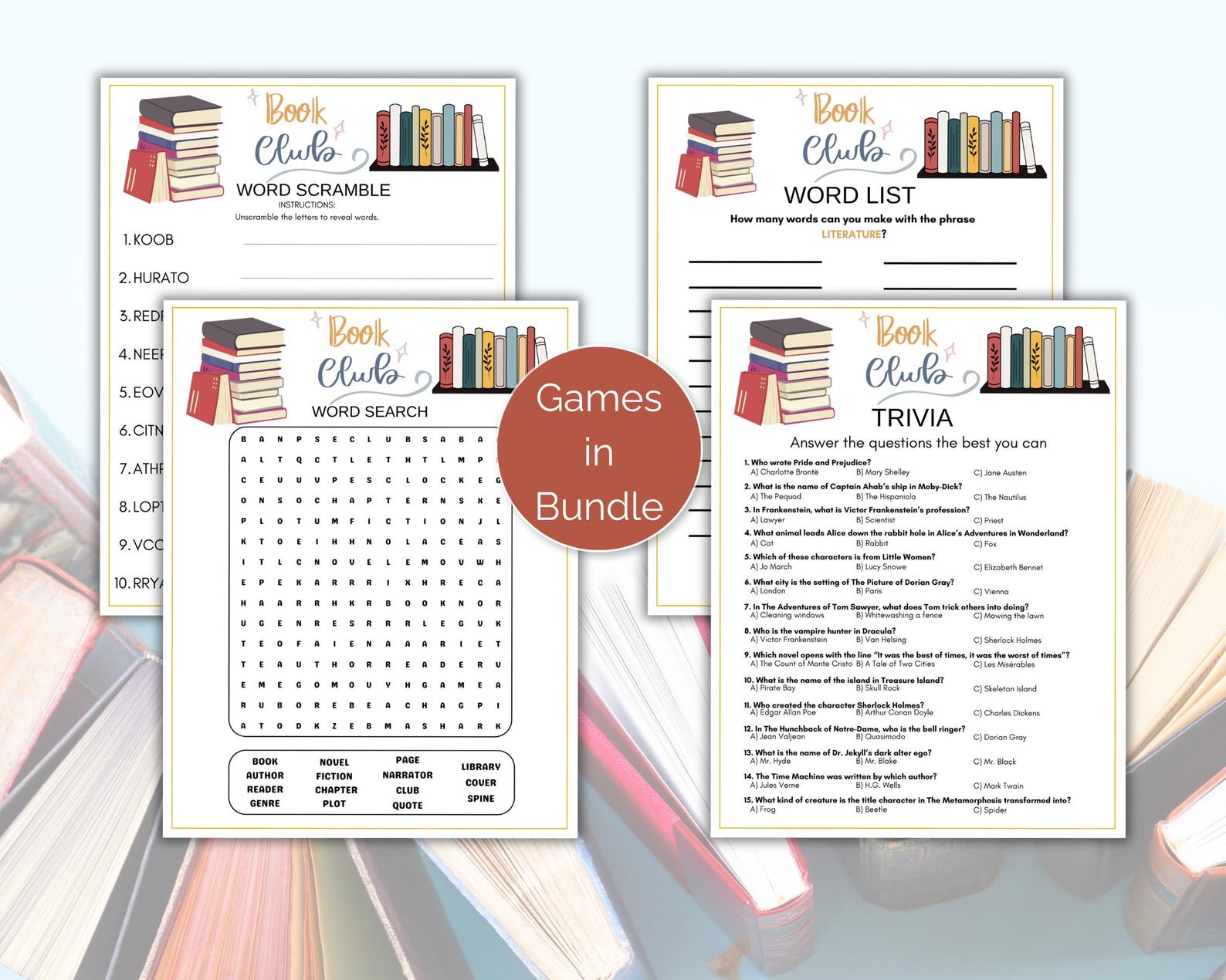 Book Club Game Bundle, 16 Printable Book Club Activities, Book Club ...