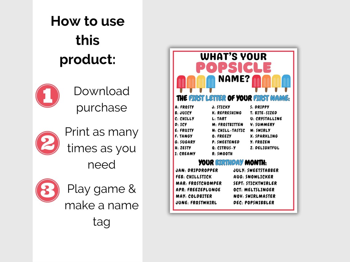 What's Your Popsicle Name Game + Name Tags, Popsicle Party Game ...