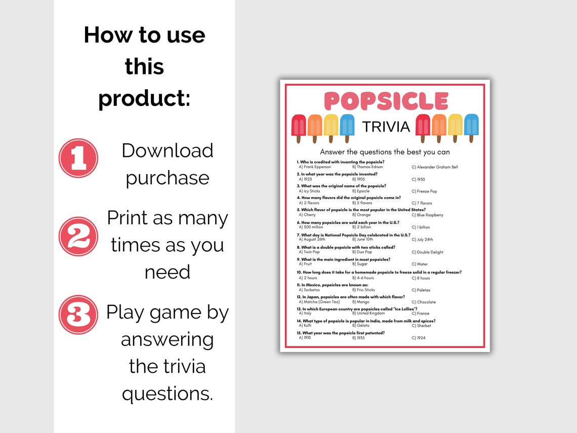 Popsicle Trivia Game, Popsicle Party Game, Popsicle Quiz, Popsicle ...
