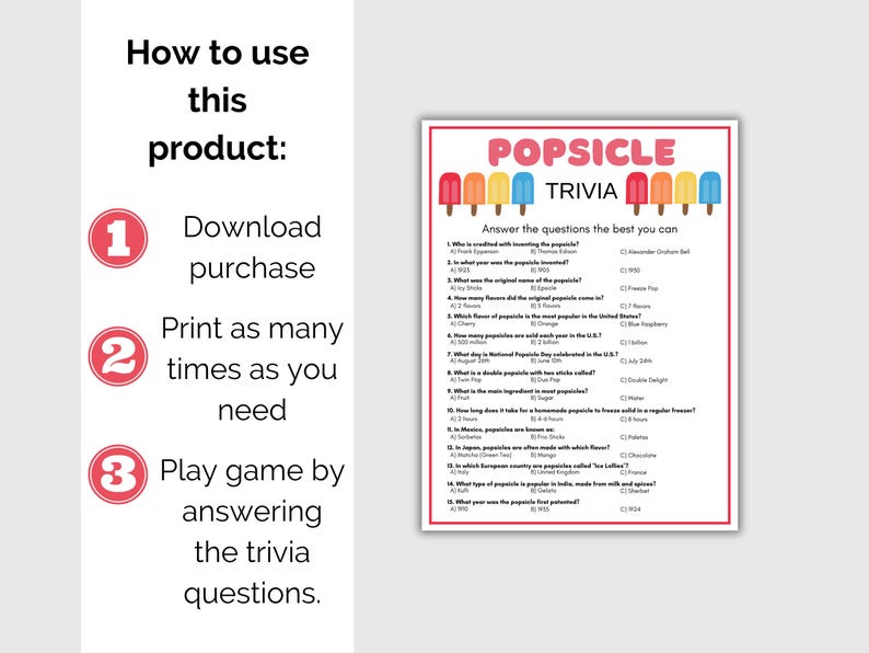 Popsicle Trivia Game, Popsicle Party Game, Popsicle Quiz, Popsicle ...