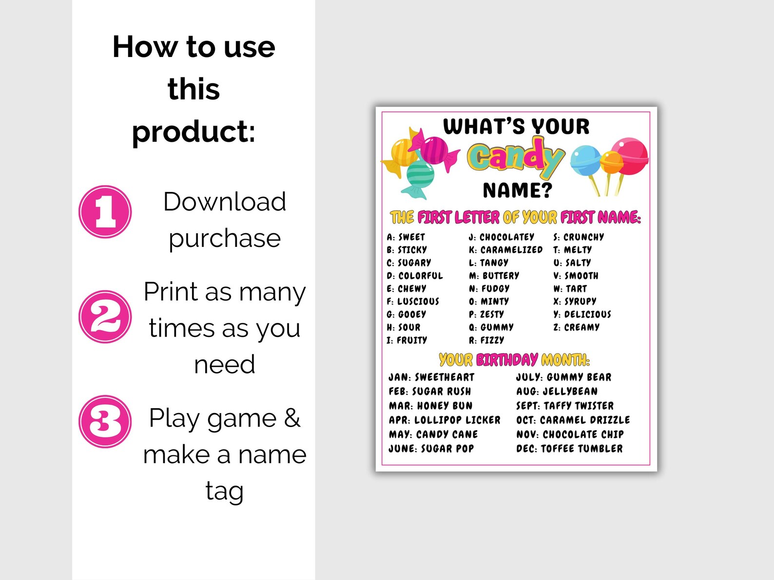 What's Your Candy Name Game + Name Tags, Printable Candy Party Game ...
