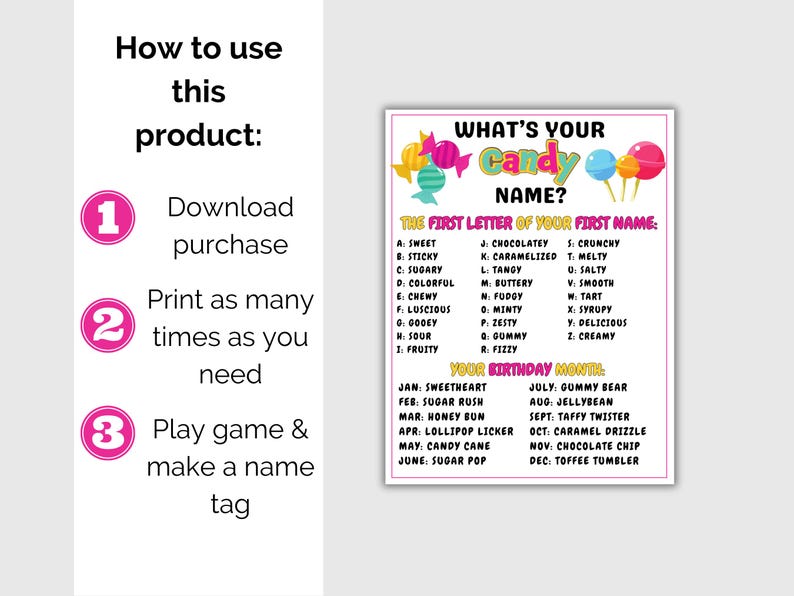 What's Your Candy Name Game + Name Tags, Printable Candy Party Game ...