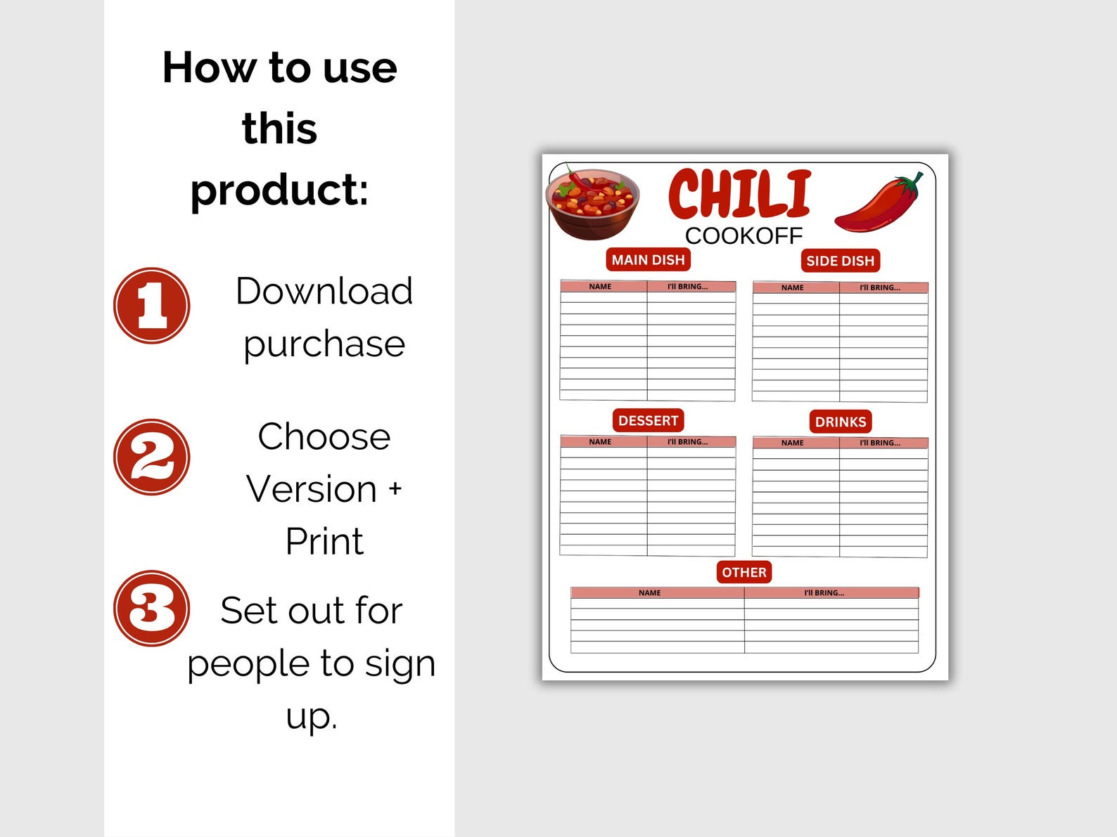 Chili Cookoff Sign up Sheet, Printable Chili Cook-off Participant ...