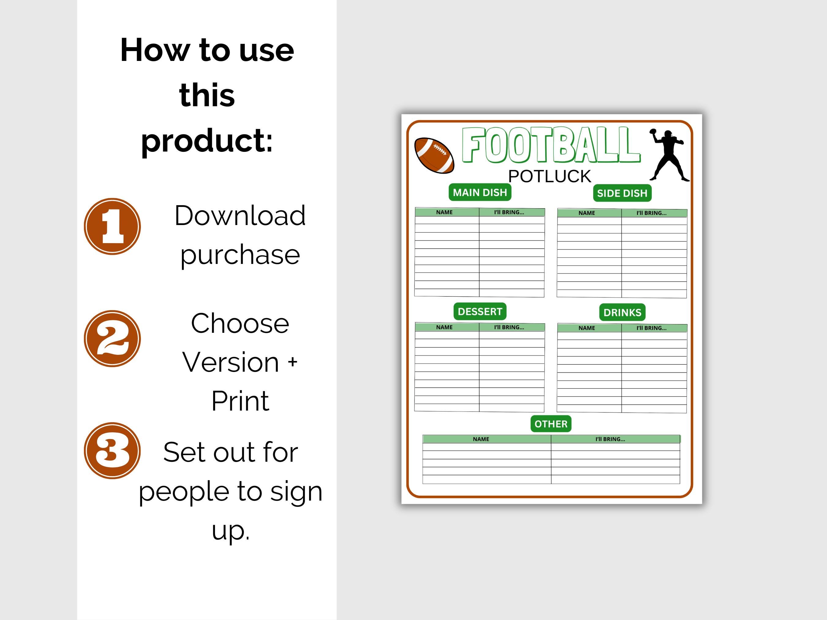 Football Potluck Sign up Sheet, Printable Tailgate Party Sign up Form ...