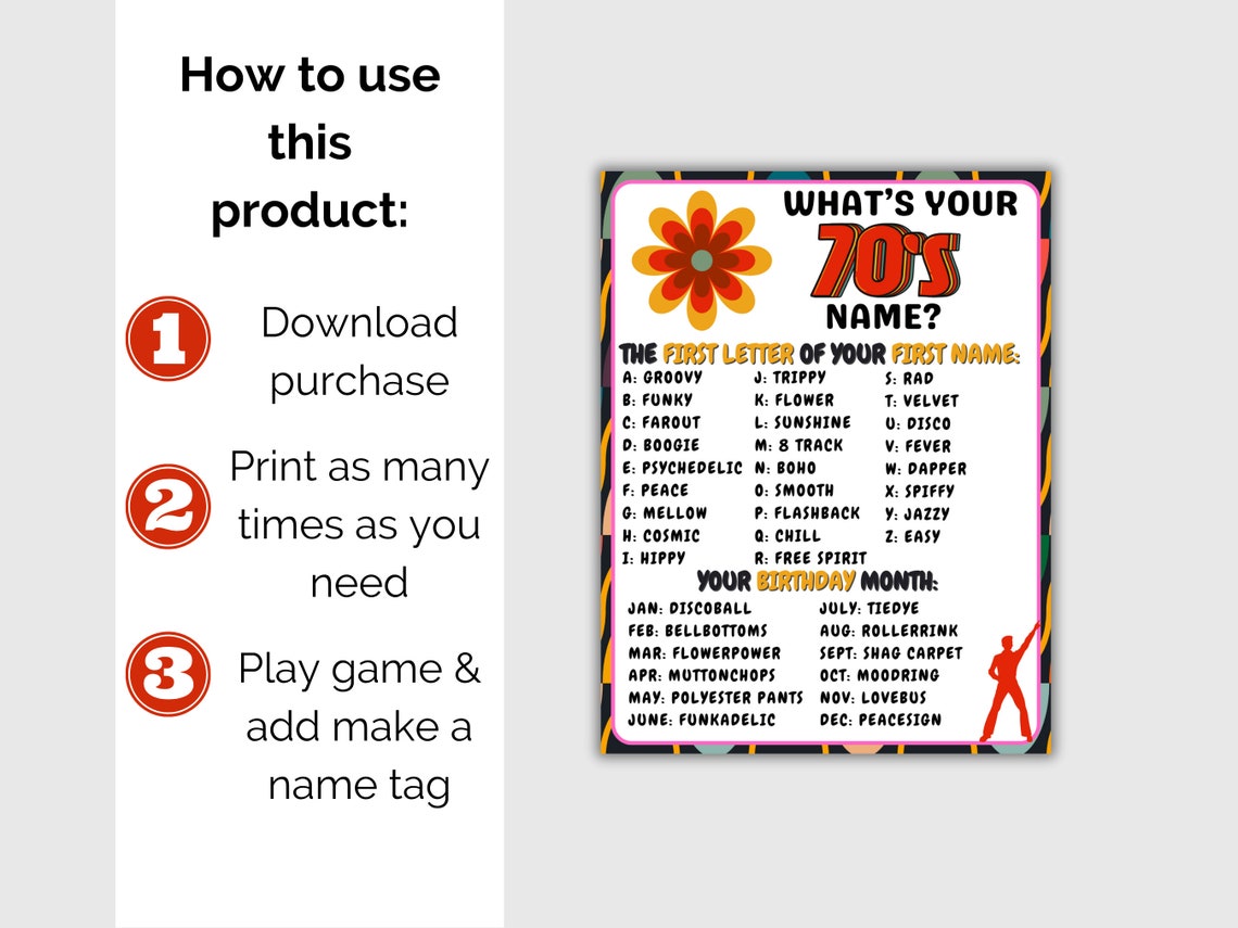 What's Your 70s Name Game + Name Tags, 70s Theme Birthday, Retro Party ...