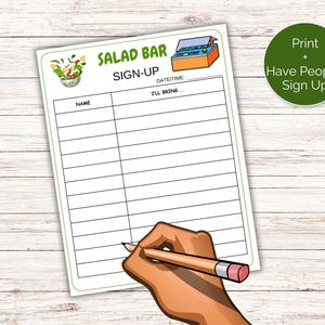 Salad Bar Sign up Sheet, Printable Salad Potluck Sign up Form, Salad ...