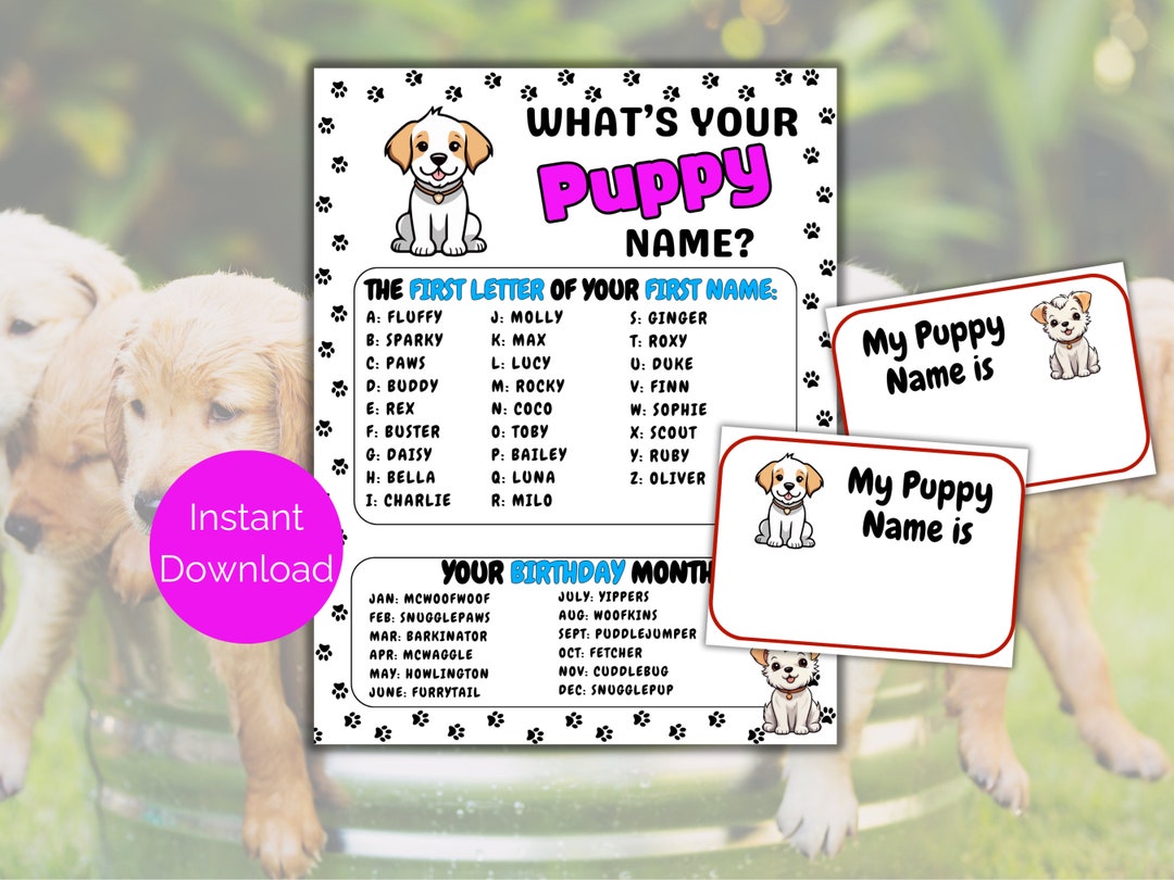What's Your Puppy Name Game + Name Tags, Puppy Birthday Party, Puppy ...