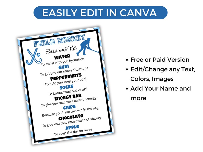 Editable Field Hockey Survival Kit Gift Tag Template, Hockey Player ...