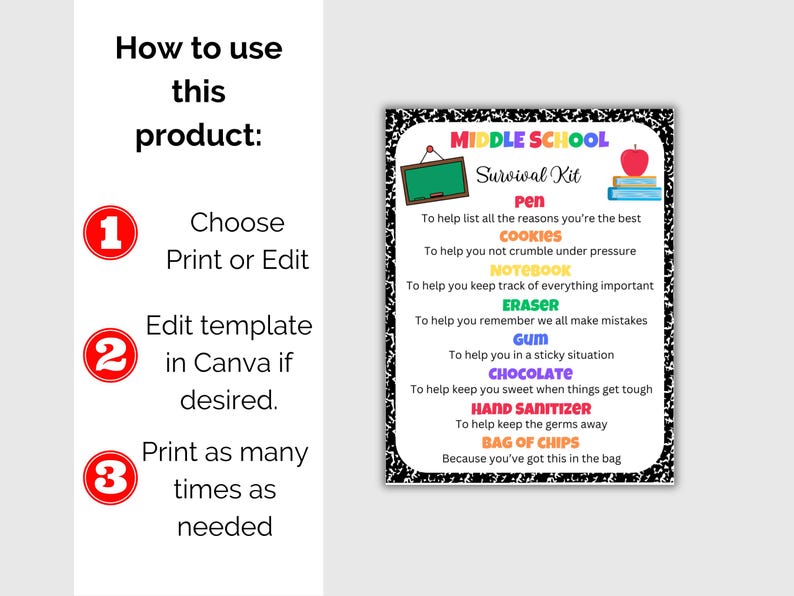 Editable Middle School Survival Kit Gift Tags, Back to School Gift Tag ...