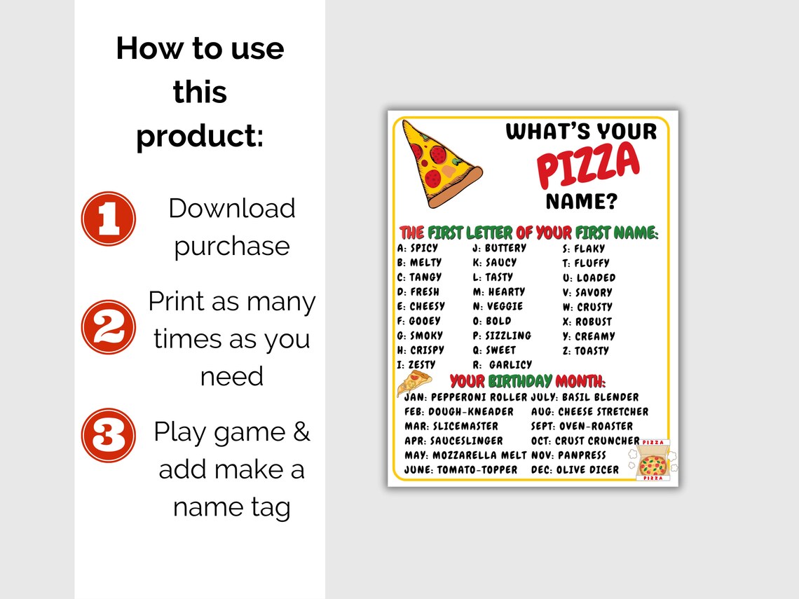 What's Your Pizza Name Game + Name Tags, Pizza Party Game, Pizza Themed ...