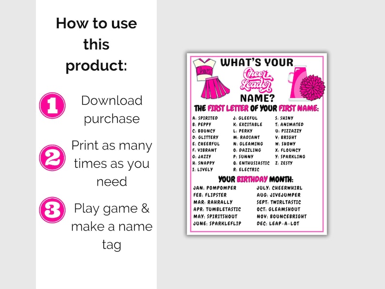 What's Your Cheer Name Game + Name Tags, Printable Cheer Party Game ...