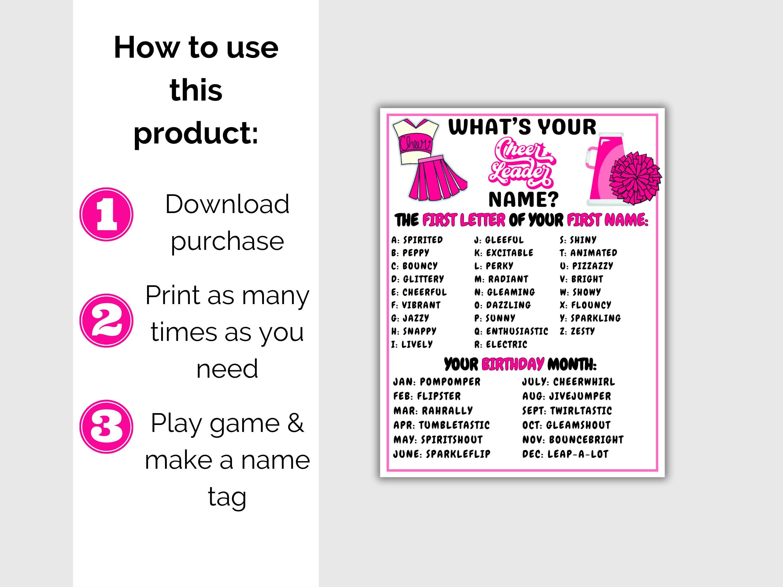 What's Your Cheer Name Game + Name Tags, Printable Cheer Party Game ...