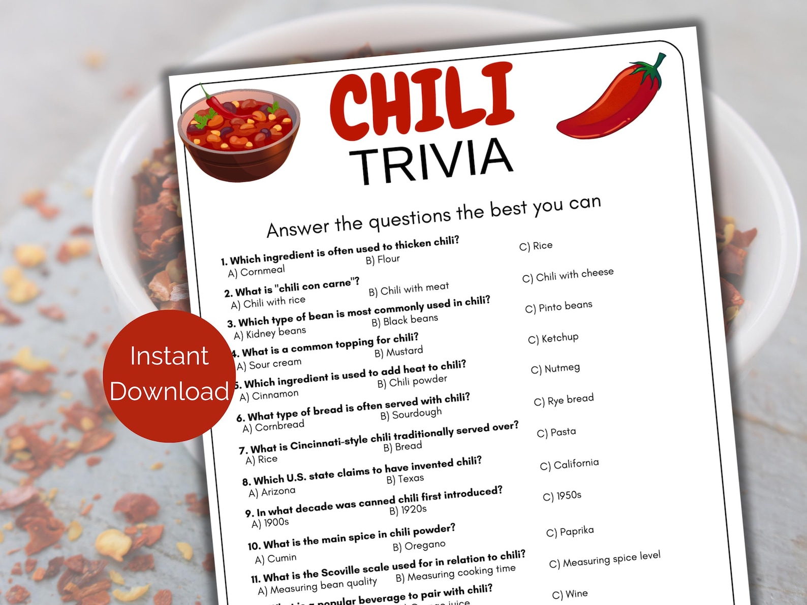 Chili Trivia Game, Chili Cookoff Quiz, Printable Chili Cook-off Game ...