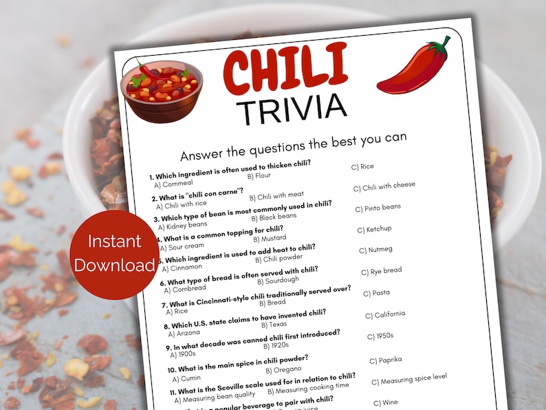 Chili Trivia Game, Chili Cookoff Quiz, Printable Chili Cook-off Game ...