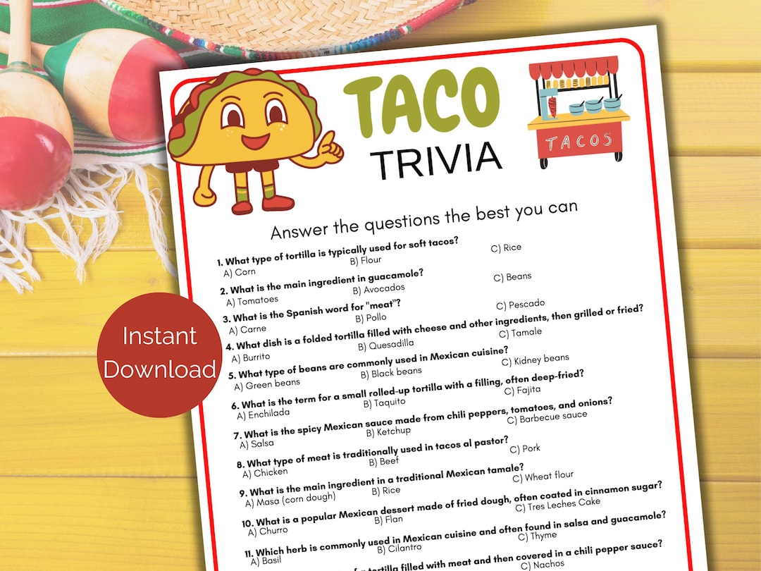 Taco Trivia Game, Taco Quiz, Printable Mexican Fiesta Game, Cinco De ...