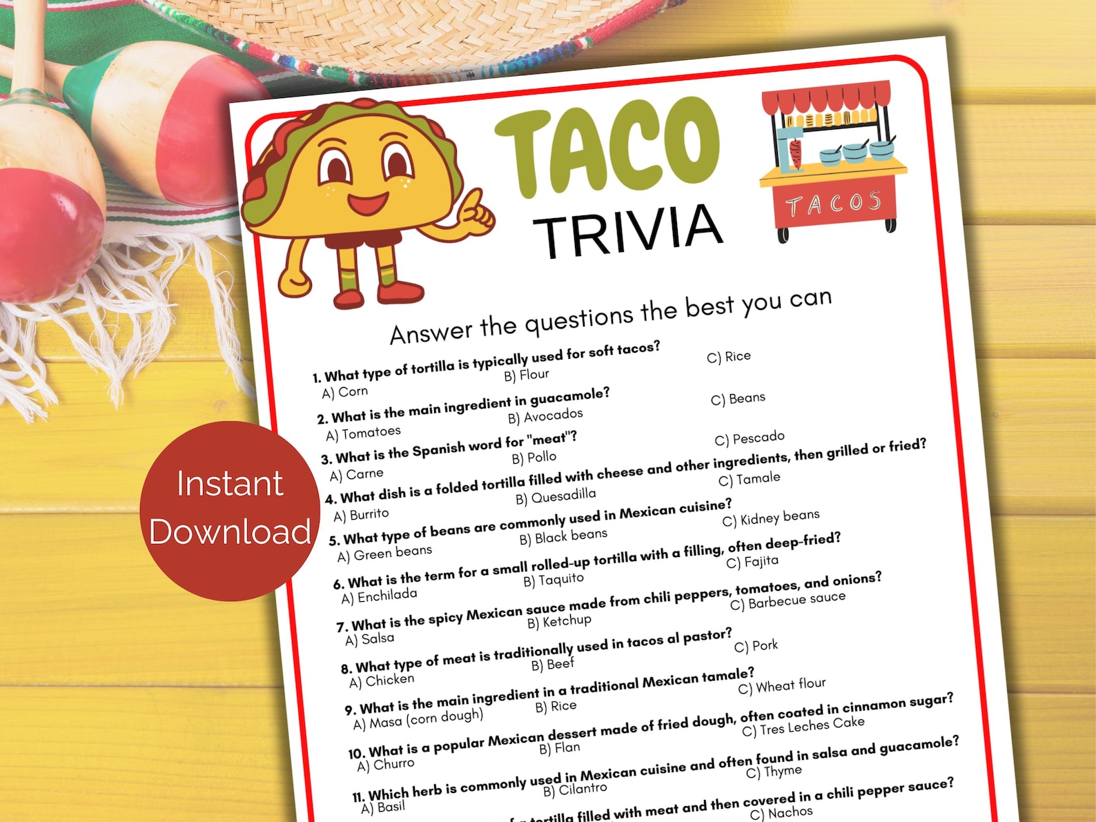 Taco Trivia Game, Taco Quiz, Printable Mexican Fiesta Game, Cinco De ...