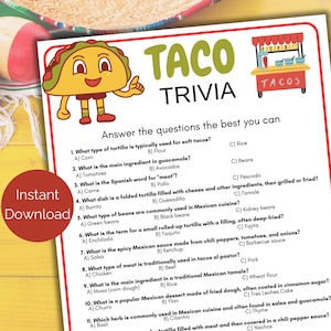 Taco Trivia Game, Taco Quiz, Printable Mexican Fiesta Game, Cinco De ...