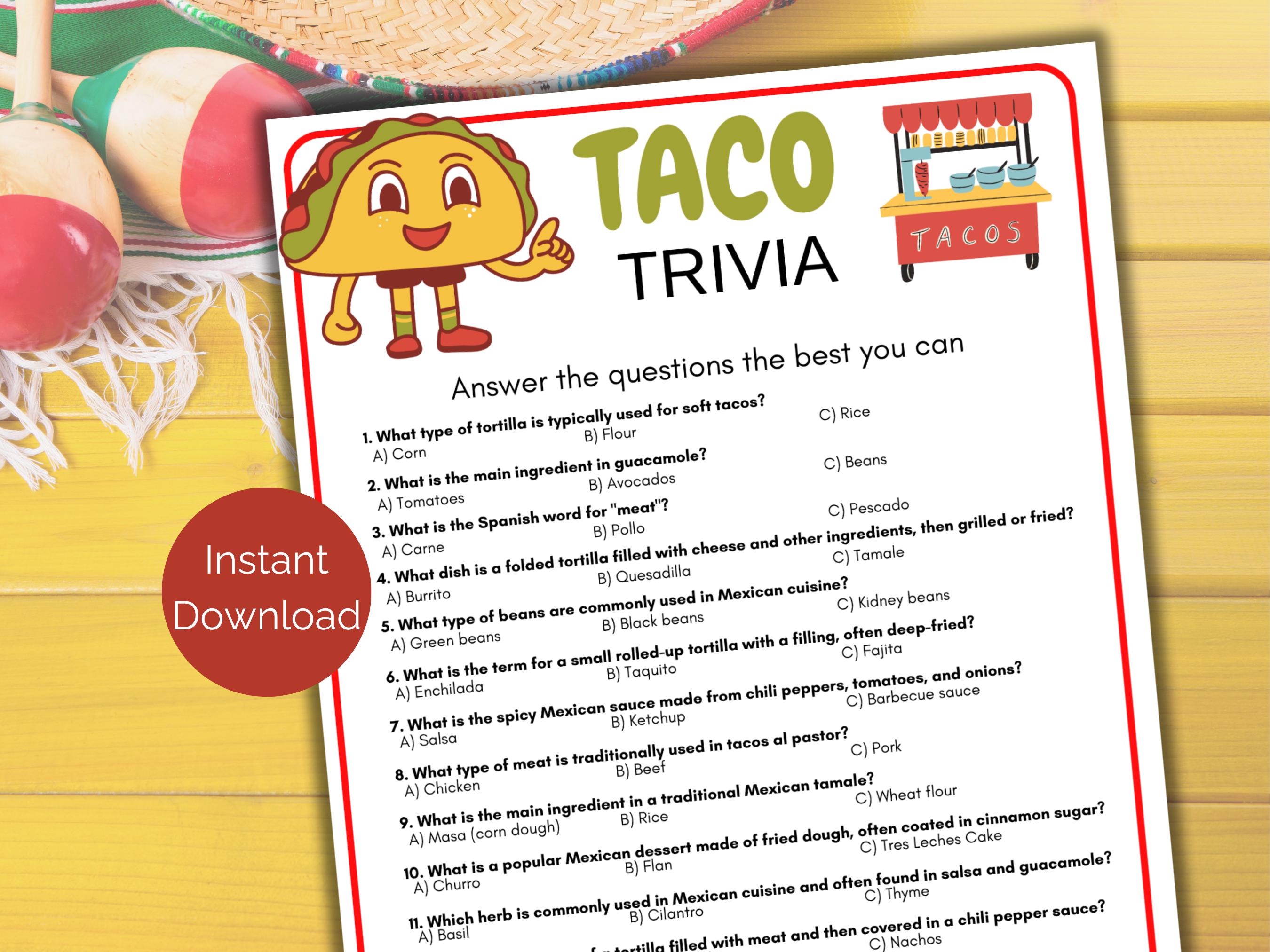 Taco Trivia Game, Taco Quiz, Printable Mexican Fiesta Game, Cinco De ...