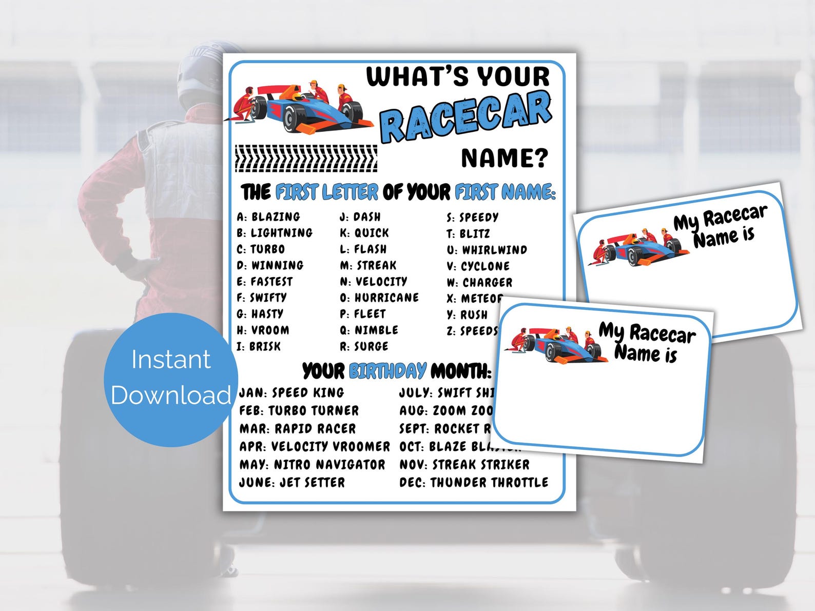 What's Your Race Car Name Game + Name Tags, Printable Race Car Birthday ...