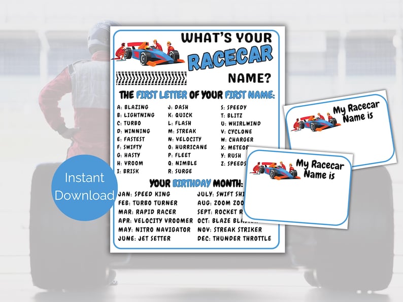 What's Your Race Car Name Game + Name Tags, Printable Race Car Birthday ...