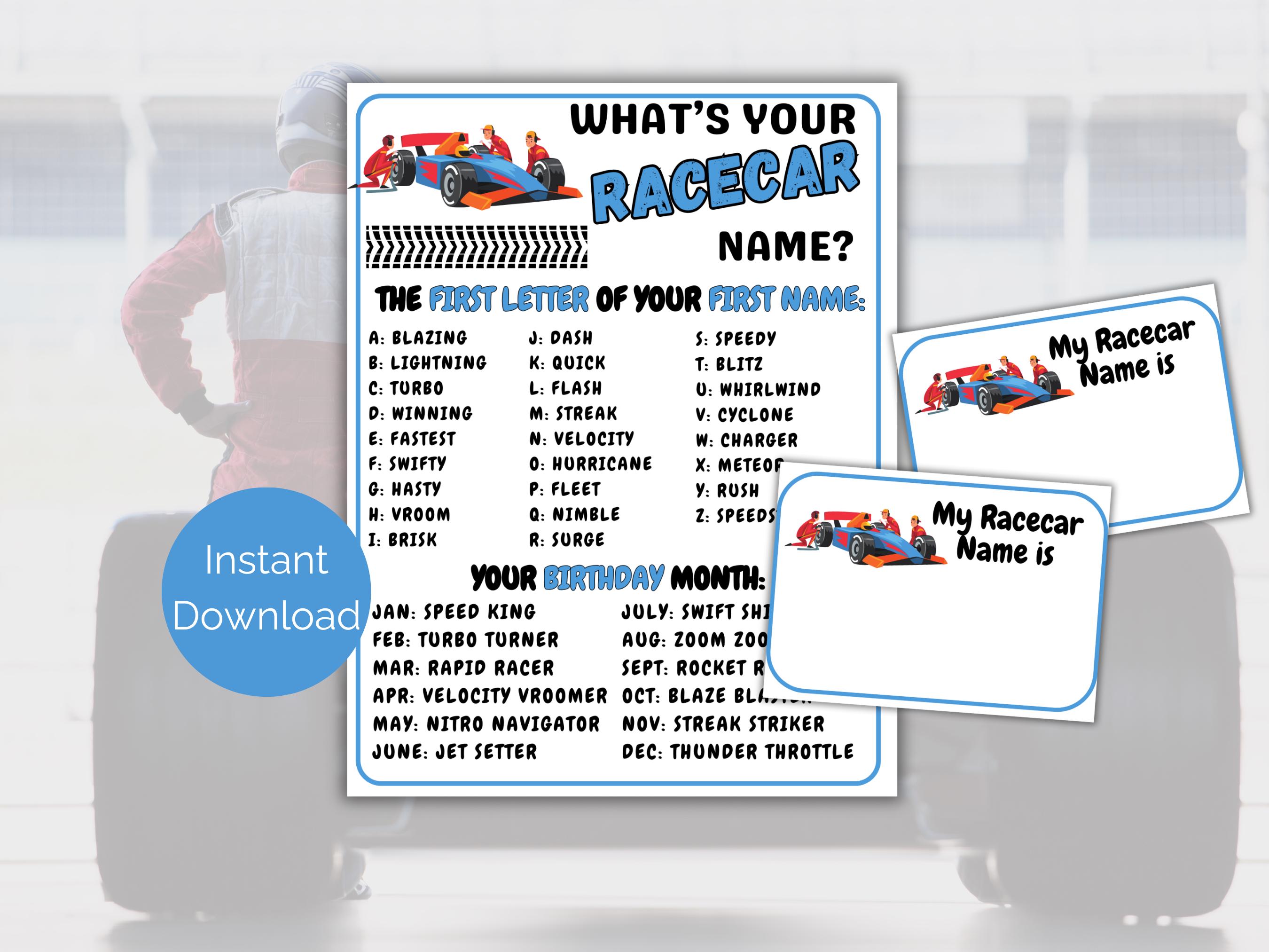 What's Your Race Car Name Game + Name Tags, Printable Race Car Birthday ...