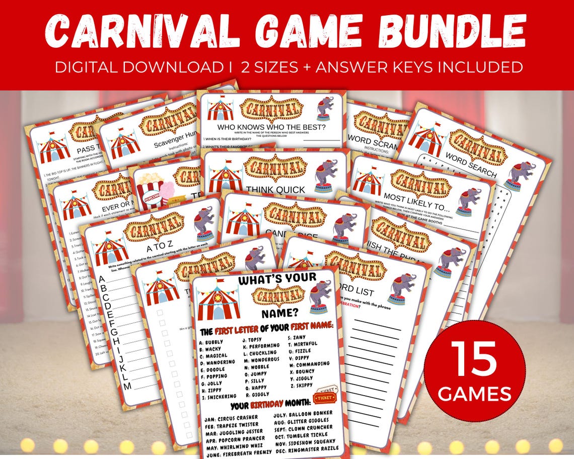 Carnival Party Game Bundle, 15 Printable Carnival Activities, Circus ...