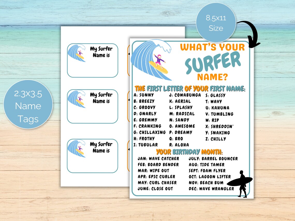 What's Your Surfer Name Game + Name Tags, Surfing Party Activity ...
