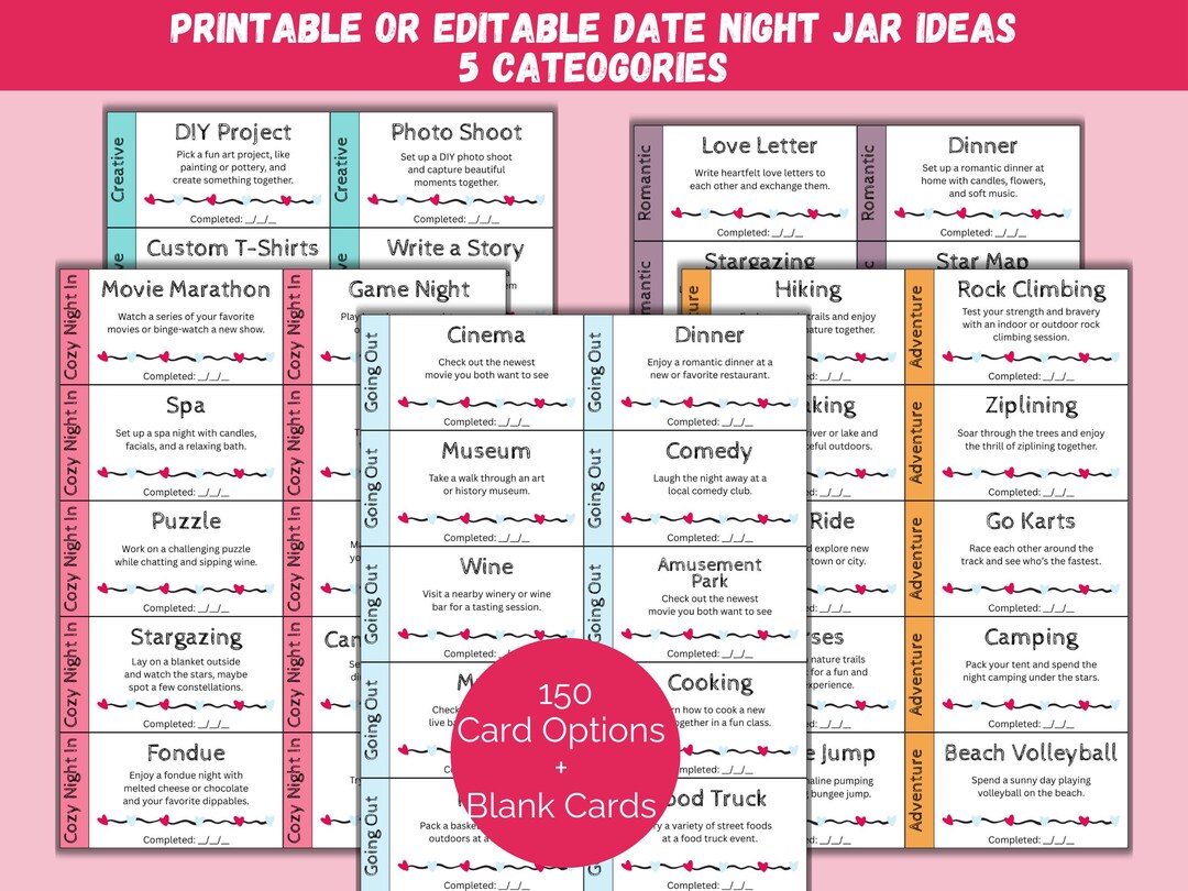 150 Date Night Cards, Printable Date Night Ideas, Date Night Jar Cards ...