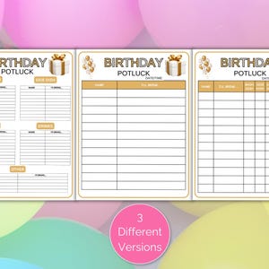 Birthday Potluck Sign up Sheet, Printable Birthday Party Potluck Sign ...